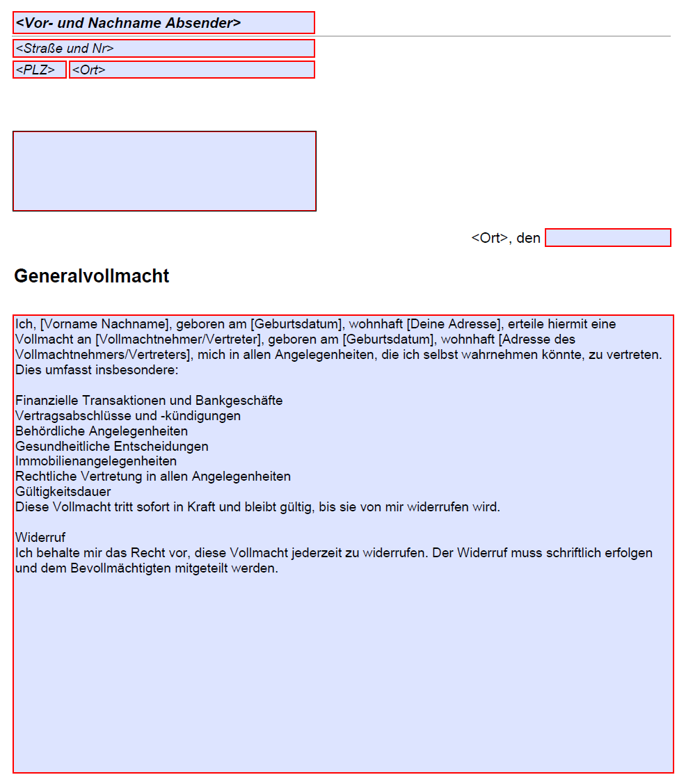Generalvollmacht im PDF/WORD - Format zum Ausfüllen und Ausdrucken - Briefform Experte
