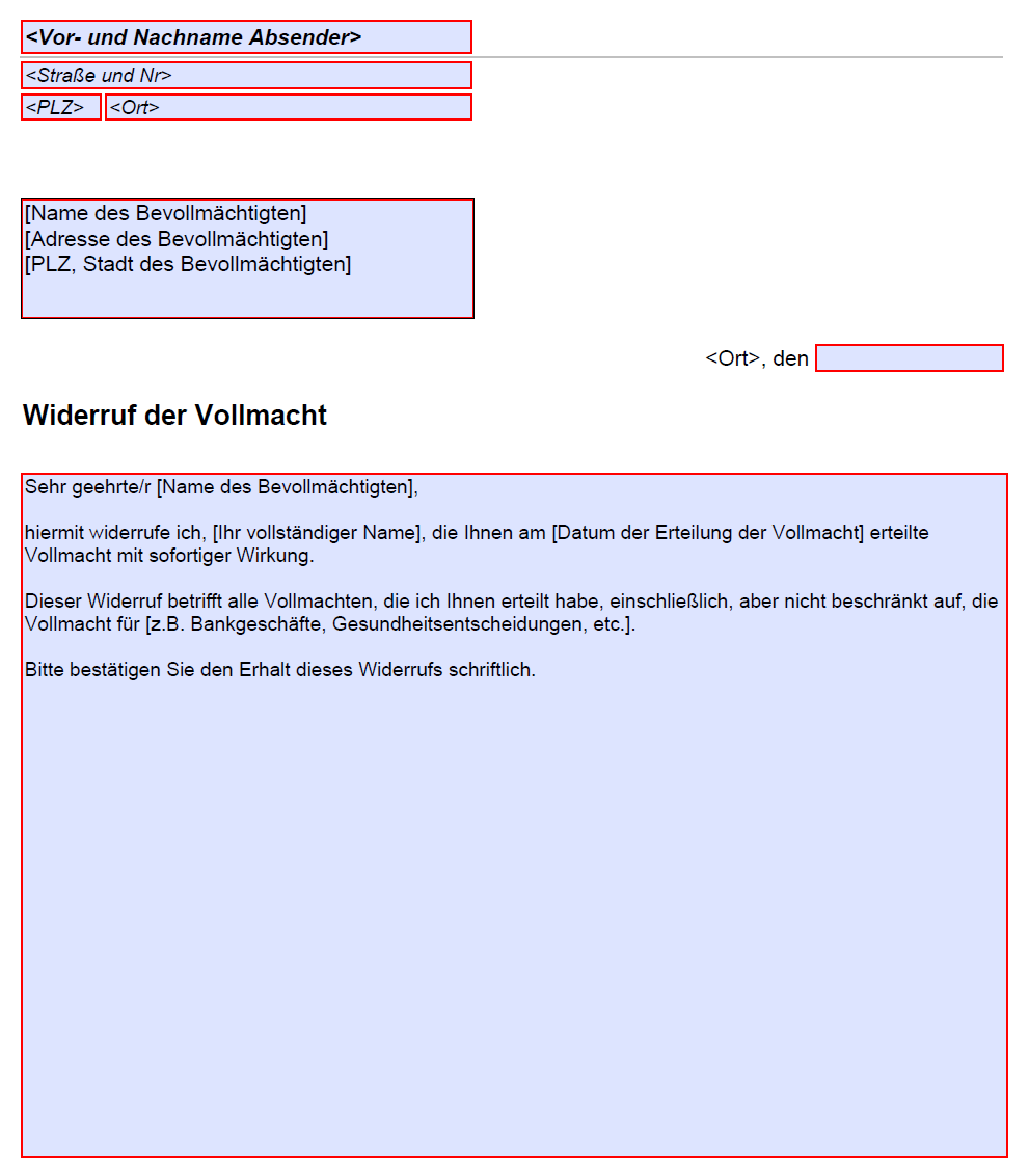 Vollmacht widerrufen - ausfüllbare PDF-Vorlage - Briefform Experte